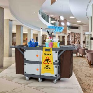 Commercial Janitorial Cart with Cabinet, Hotel Cart Housekeeping Room Service Cart Hand Push Utility Cart