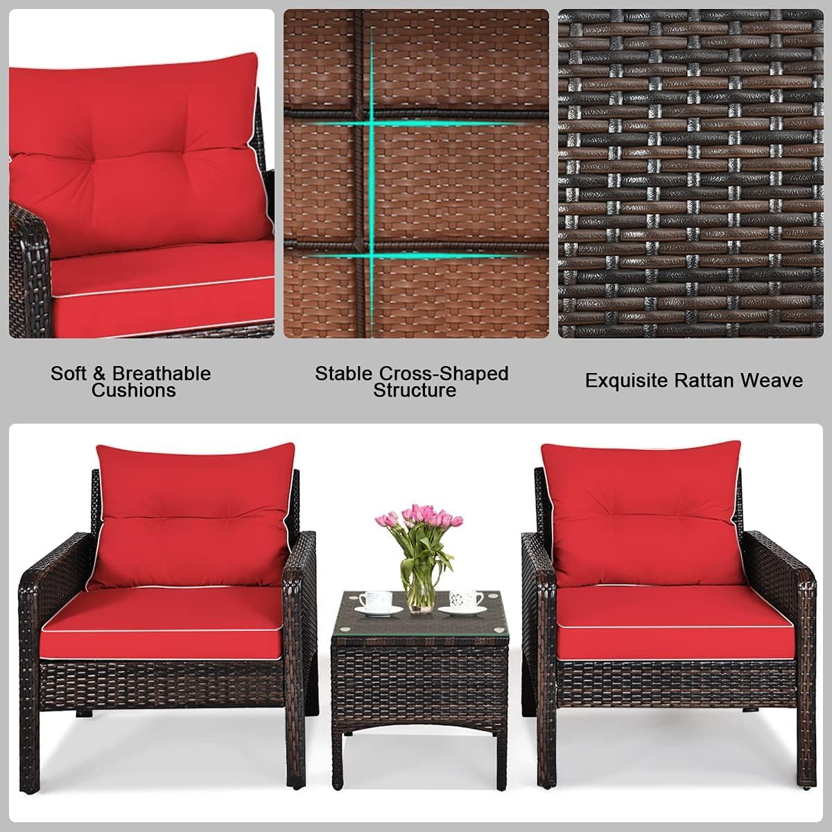 LDAILY Patio Furniture Set, 3 Pieces Outdoor Rattan Patio Chairs with Comfortable Cushion & Glass Tabletop, Outdoor Furniture Wicker Conversation Set for Porch, Balcony, Garden, Poolside (Red)