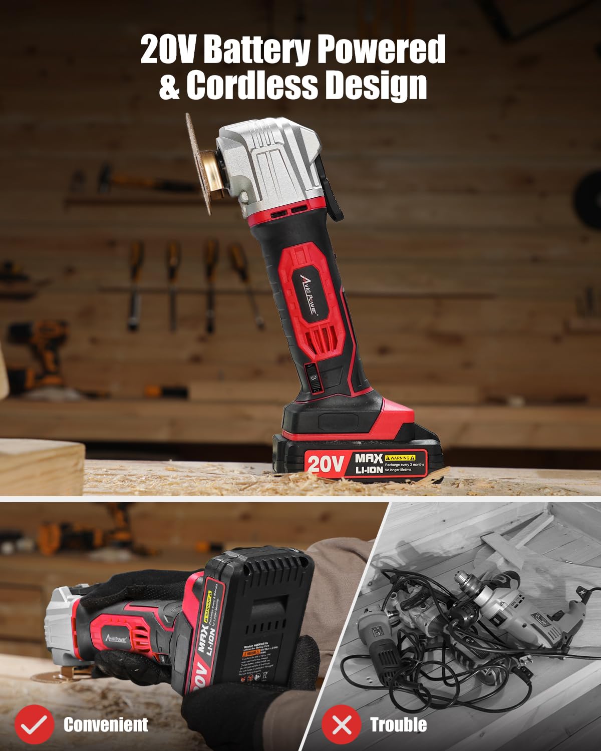 AVID POWER Cordless Oscillating Tool 20V Battery Powered Oscillating Multitool with 2.8° Oscillation Angle, Variable Speed Oscillating Saw w/ 31Pcs Accessories for Scraping/Cutting & Sanding - Red