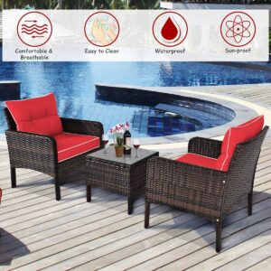 LDAILY Patio Furniture Set, 3 Pieces Outdoor Rattan Patio Chairs with Comfortable Cushion & Glass Tabletop, Outdoor Furniture Wicker Conversation Set for Porch, Balcony, Garden, Poolside (Red)