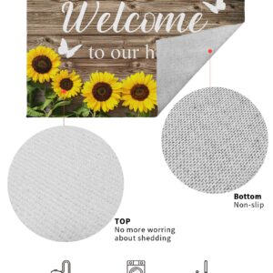 Front Door Mat Indoor Outdoor Entrance, Welcome Sunflower on a Wooden Board Non-Slip Doormat Fade Resistant, Low Profile, Easy Clean Patio Porch Entryway Mat 36x24 inches