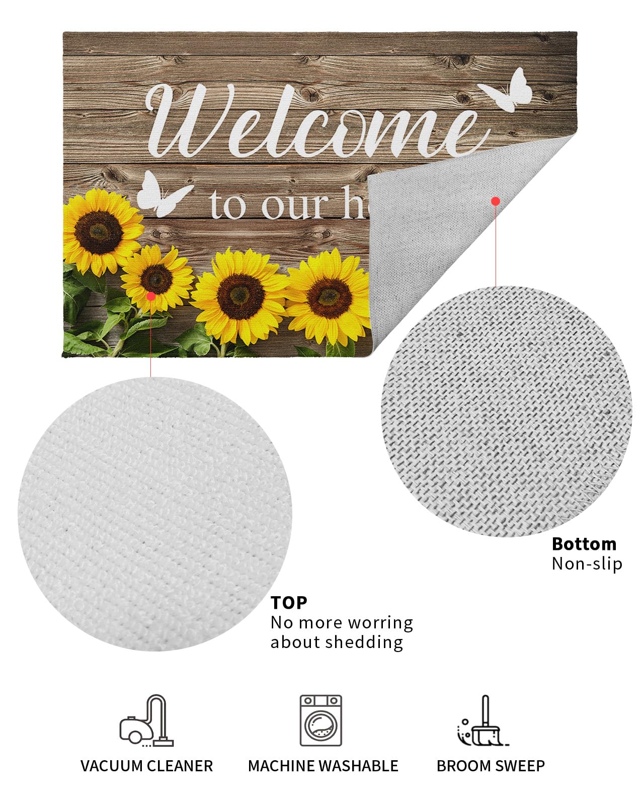 Front Door Mat Indoor Outdoor Entrance, Welcome Sunflower on a Wooden Board Non-Slip Doormat Fade Resistant, Low Profile, Easy Clean Patio Porch Entryway Mat 36x24 inches