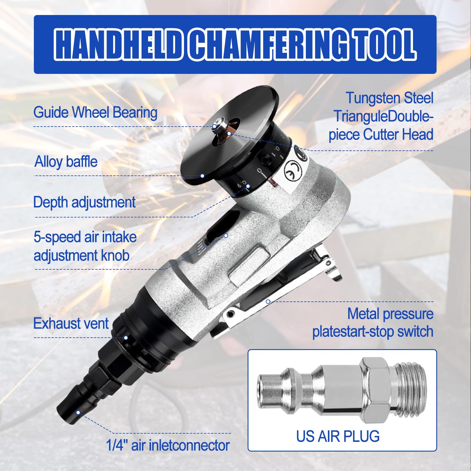 Yuqutum 2 in 1 Mini Pneumatic Chamfering Machine, Handheld 45 Degree Arc Pneumatic Chamfer Tool, Portable Deburring Tool for Metal Wood, Air Chamfer Tool with Replace Blade and Bearing(C/R blade)