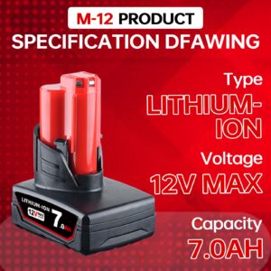 MANUFER 7.0Ah M-12 12V 2Pack Replacement for Milwaukee 12V Lithium-ion Compatible with 48-11-2420 48-11-2440 48-11-2402 48-11-2411 48-11-2410 12-Volt Cordless Power Tools