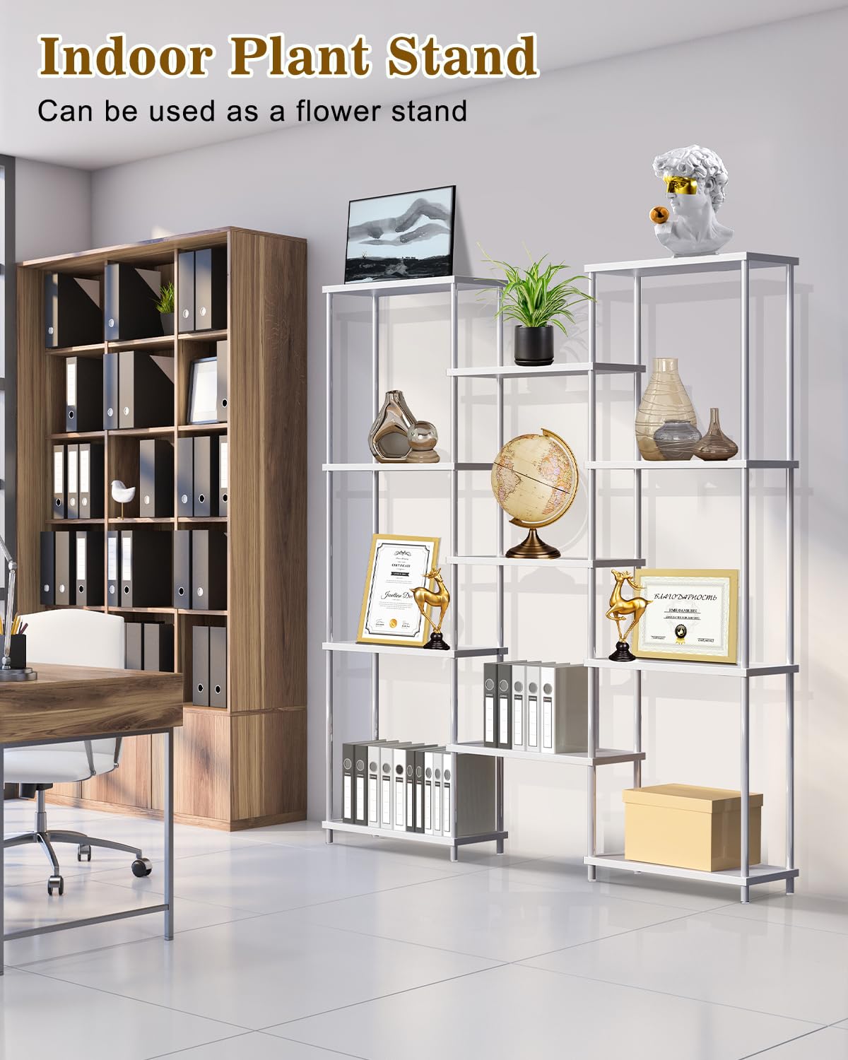 MOOACE 4 Tier Bookshelf, Industrial Style Bookcases with 11 Open Display Shelves, Open Large Storage Bookshelves Shelving with Anti-Falling Device for Bedroom,Living Room, Office Display Cabinet White