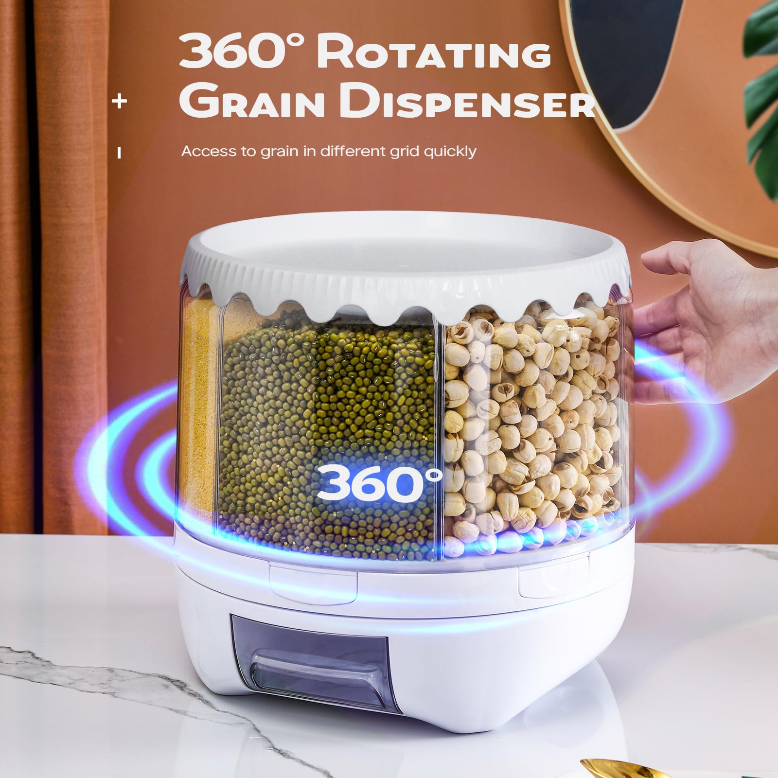 Slow Slog Grain Dispenser, 360° Rotating Storage Container, 6 Grid Food Dispenser with Storage Sealed Lid, Rice Dispenser for Kitchen Grains, Beans, Rice