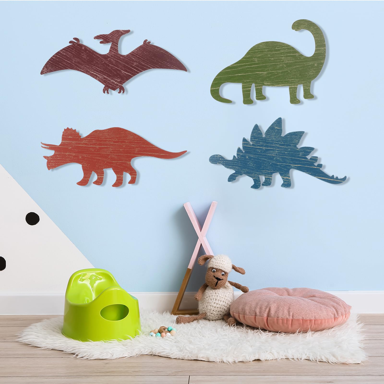 Hoteam Dinosaur Wall Decors Wooden Boys Dinosaur Nursery Wall Decoration Dinosaur Baby Shower Playroom Wall Art for Kids Farmhouse Bathroom Room Art Gift(Vivid,14.17 x 8.27 Inches)