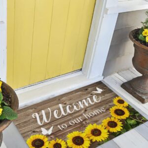 Front Door Mat Indoor Outdoor Entrance, Welcome Sunflower on a Wooden Board Non-Slip Doormat Fade Resistant, Low Profile, Easy Clean Patio Porch Entryway Mat 36x24 inches