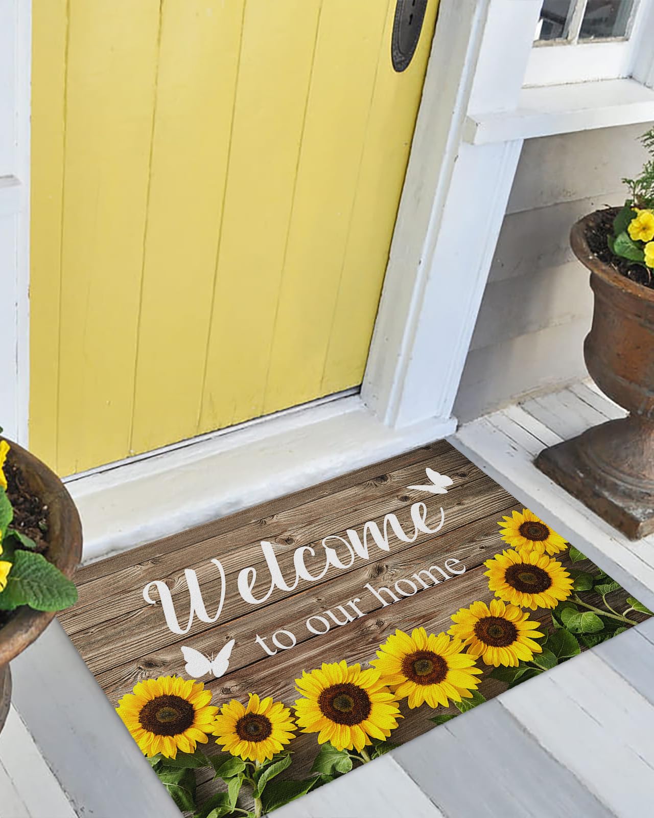 Front Door Mat Indoor Outdoor Entrance, Welcome Sunflower on a Wooden Board Non-Slip Doormat Fade Resistant, Low Profile, Easy Clean Patio Porch Entryway Mat 36x24 inches