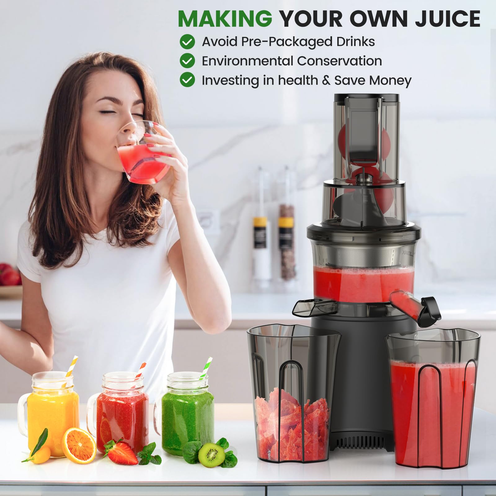 Slow Masticating Cold Press Juicer: Cold Pressed Juicer Machines For Vegetable And Fruit 200W, Matte Grey