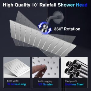 Rain Shower Head, High Pressure 10'' LED Shower Head, Anti-Clogging Fixed Rainfall Shower Head with Temperature Controlled Color Changing, 360°Adjustable Brass Ball Joint, Square, Chrome