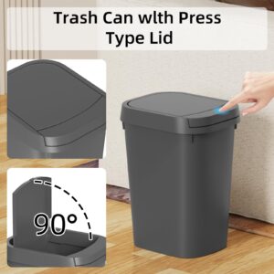 KSSKSS 3 Pack Bathroom Small Trash Can with Lid, 2.6 Gallon Slim Garbage Bin with Pop-Up Lid, 10L Plastic Wastebasket with Press Top Lid for Bedroom, Office, Kitchen, Toilet (Gray)