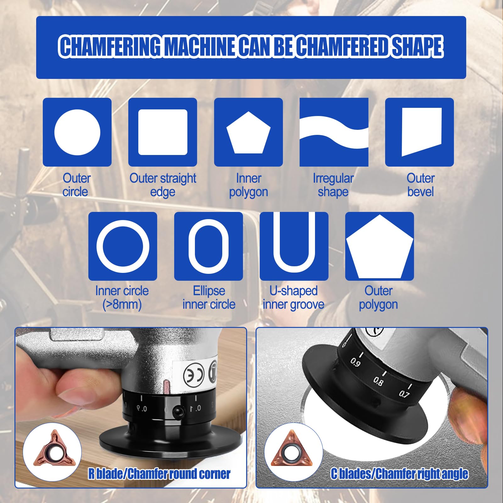 Yuqutum 2 in 1 Mini Pneumatic Chamfering Machine, Handheld 45 Degree Arc Pneumatic Chamfer Tool, Portable Deburring Tool for Metal Wood, Air Chamfer Tool with Replace Blade and Bearing(C/R blade)