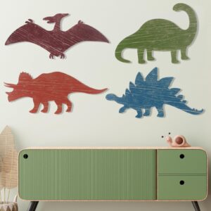 hoteam dinosaur wall decors wooden boys dinosaur nursery wall decoration dinosaur baby shower playroom wall art for kids farmhouse bathroom room art gift(vivid,14.17 x 8.27 inches)