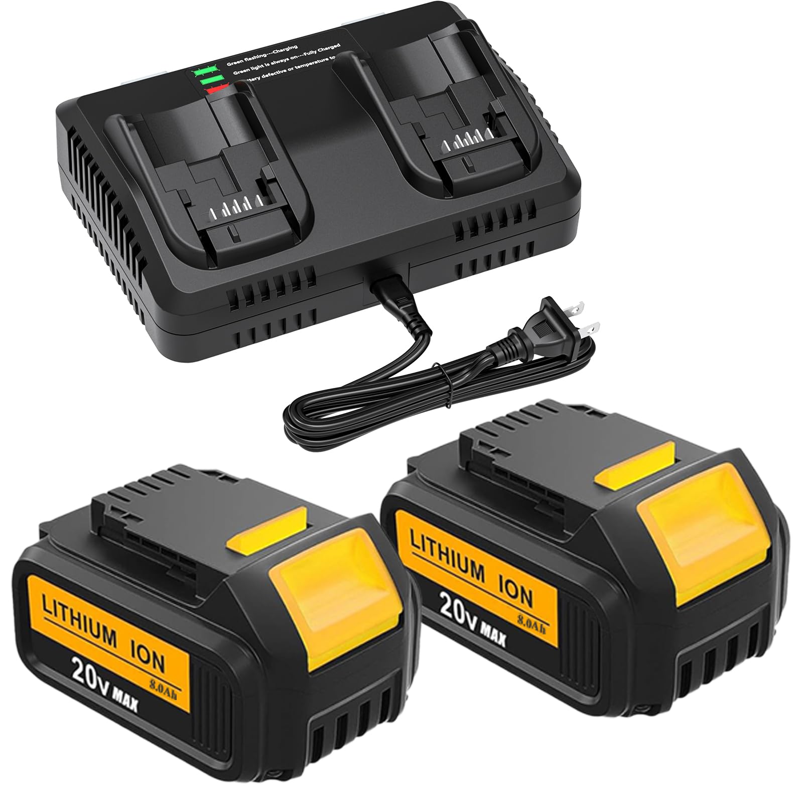 Upgraded 2Pack 8Ah Battery and Charger Combo for Dewalt 20V Max Battery and DCB102 20V Max Battery Charger for Dewalt 20V Lithium-ion Battery Replacement and DCB102 12V-20V Battery Charger Combo