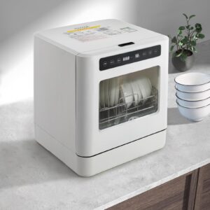 QLK-T08 800W Portable Countertop Dishwasher, 110V 4 Cleaning Functions (White)