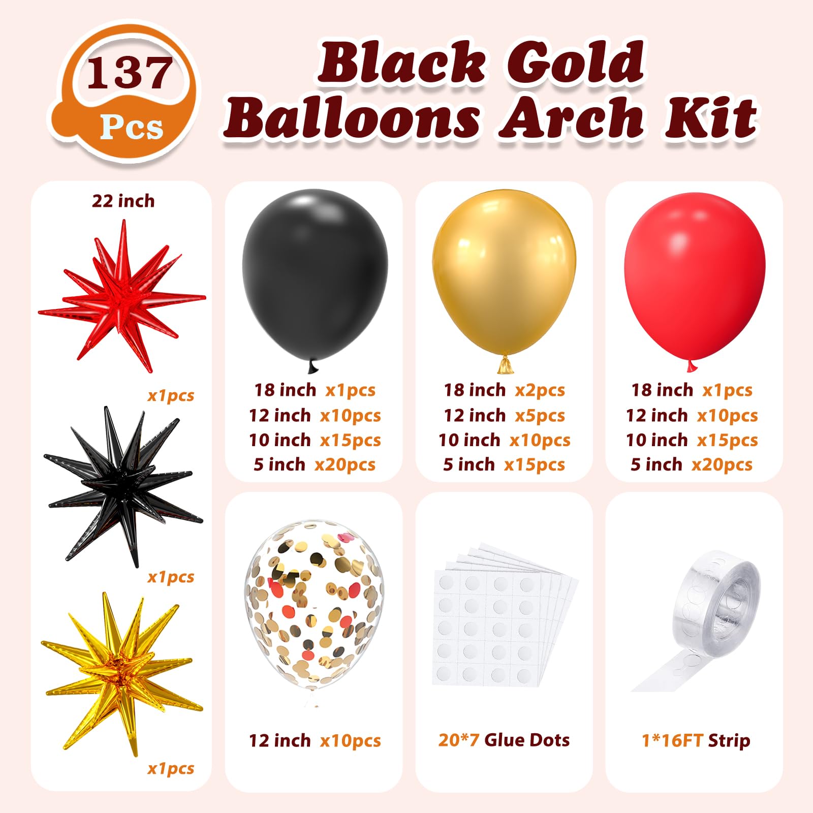 137Pcs Red Black and Gold Balloons Garland Arch Kit with Stars - 5 10 12 18 inch Red Black Gold Confetti Latex Balloons with Starburst Balloons for Graduation Hollywood Casino Theme Party Decorations