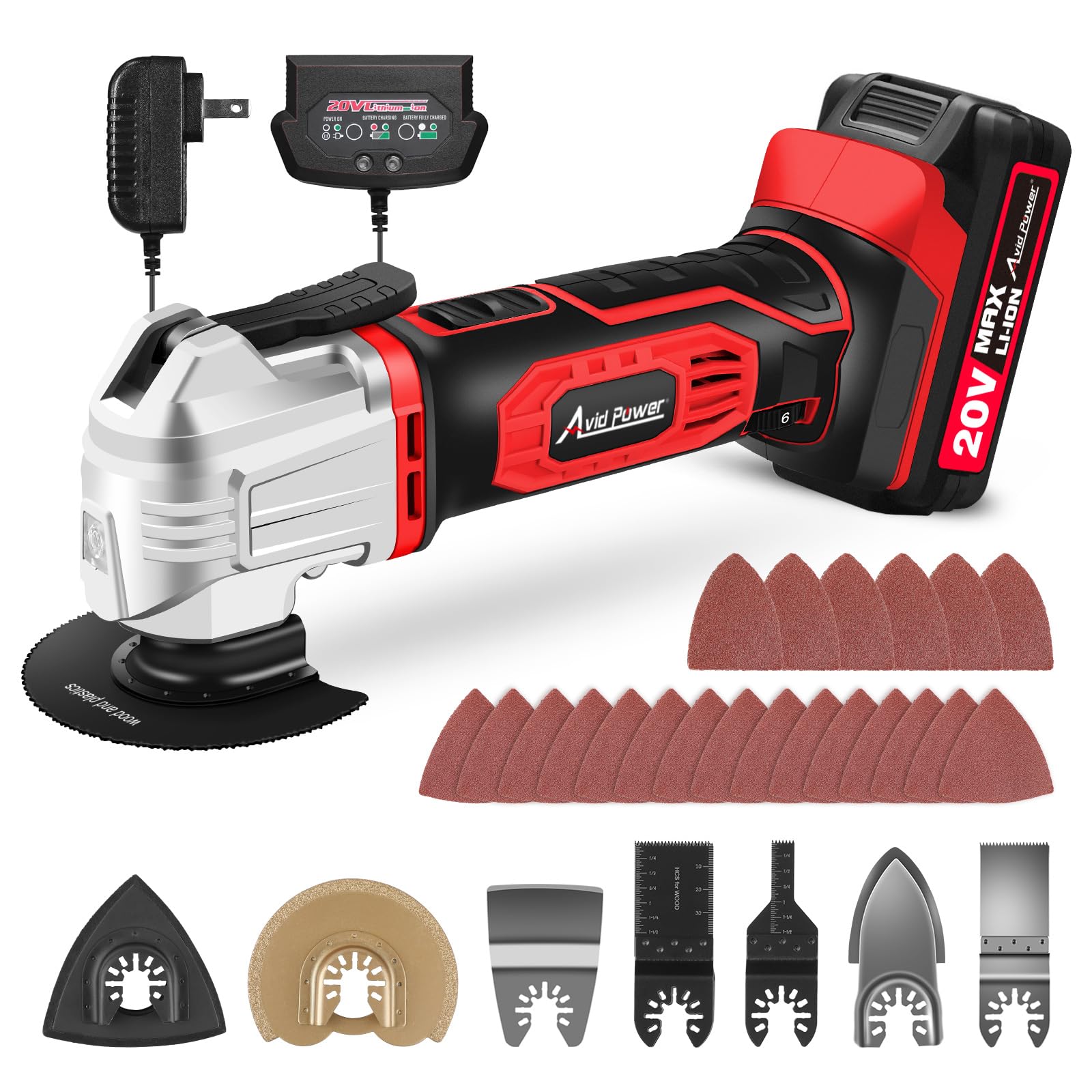 AVID POWER Cordless Oscillating Tool 20V Battery Powered Oscillating Multitool with 2.8° Oscillation Angle, Variable Speed Oscillating Saw w/ 31Pcs Accessories for Scraping/Cutting & Sanding - Red