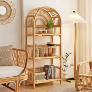 eeshha bookcase 4-tier arched bookshelf, rattan tall open bookcase storage shelves, wood metal freestanding display rack, home decor for bedroom, living room