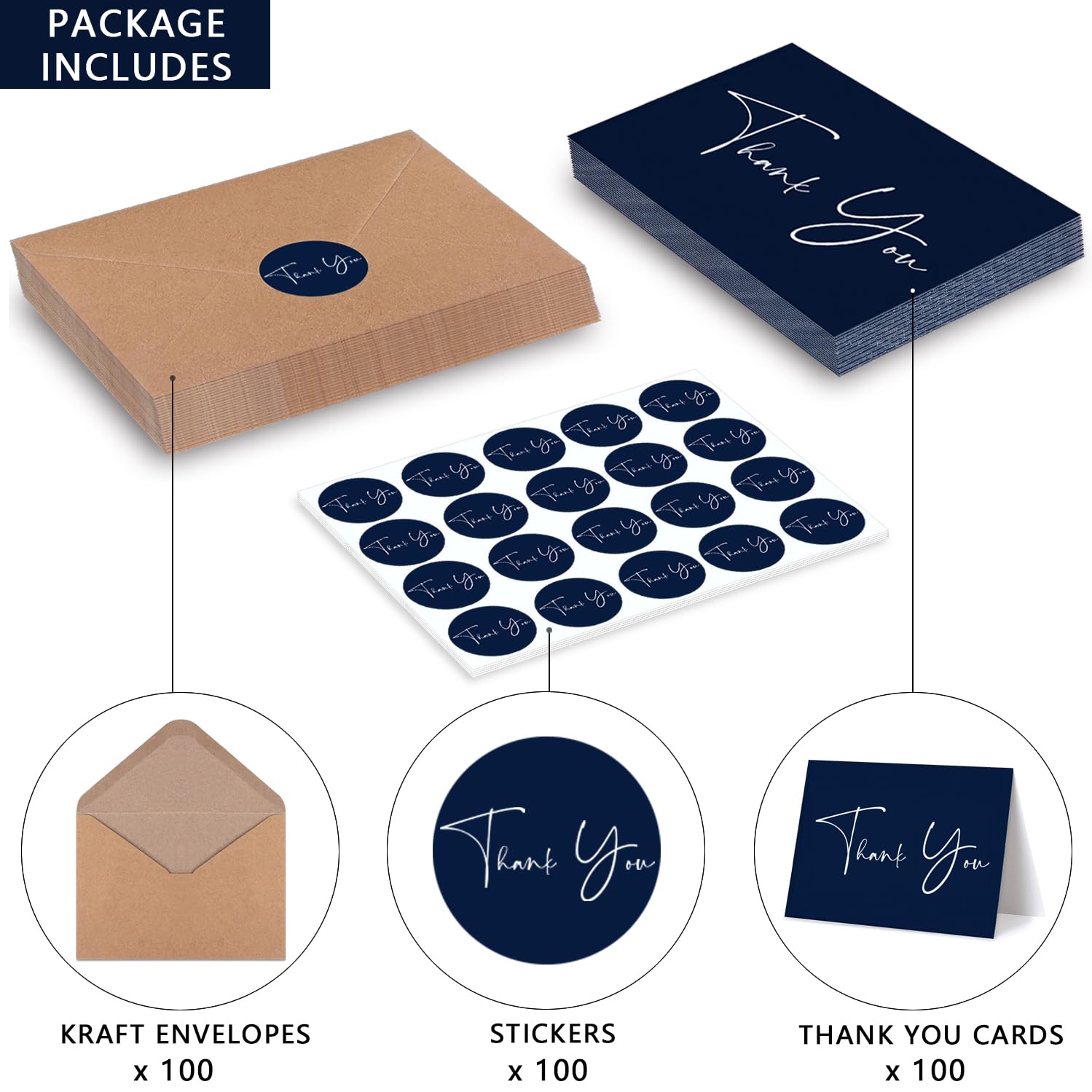 VEEYOL 100 Navy Thank You Cards with Kraft Envelopes, 5x3.75 Inches Greenery Eucalyptus Thank You Notes For Wedding, Baby Shower, Graduation, Bridal, Business, Anniversary