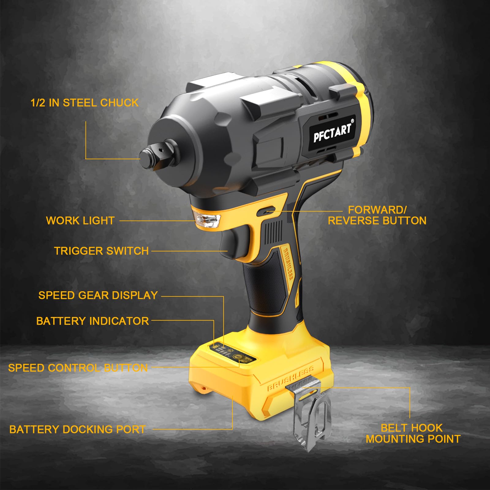 PFCTART Cordless Impact Wrench 1/2, 20V Electric Impact Gun 3300 RPM & Max Torque (1250N.m) 922ft-lbs, Brushless Power Impact Driver with 6 Impact Sockets, Impact Wrench for Tire Lug Nuts