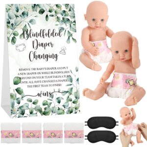 lineshading 9 pcs baby shower game supplies for blindfold diaper changing baby dolls with blindfolds diapers baby changing diaper race game set for baby shower (green,leaves)