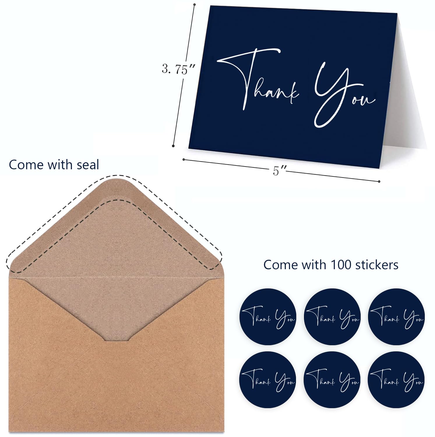 VEEYOL 100 Navy Thank You Cards with Kraft Envelopes, 5x3.75 Inches Greenery Eucalyptus Thank You Notes For Wedding, Baby Shower, Graduation, Bridal, Business, Anniversary