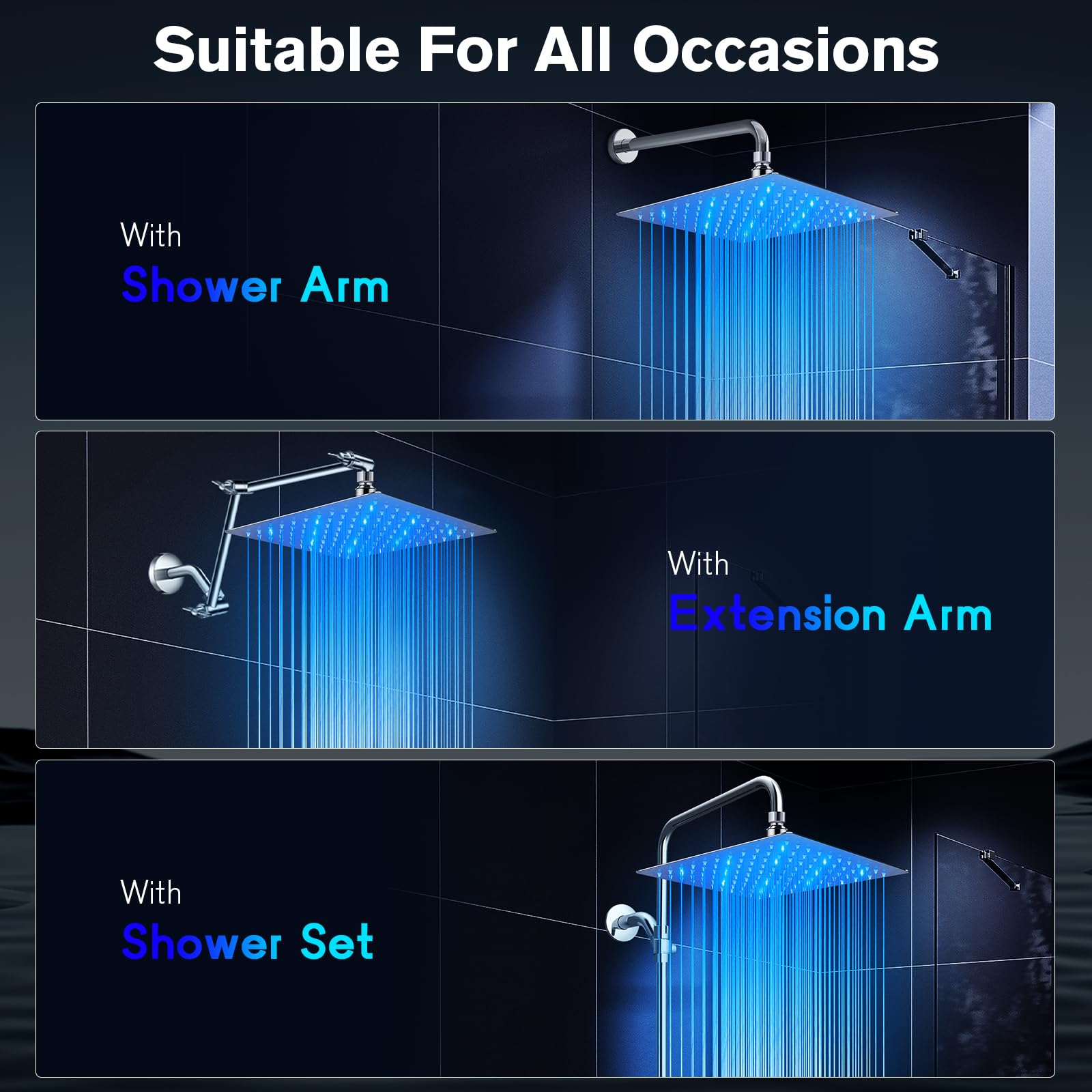 Rain Shower Head, High Pressure 10'' LED Shower Head, Anti-Clogging Fixed Rainfall Shower Head with Temperature Controlled Color Changing, 360°Adjustable Brass Ball Joint, Square, Chrome