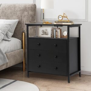 Edbuosy 3 Wooden Drawers Night Stand, 27 Inch Wide Nightstand with Charging Station and Adjustable Drawers, Bedside Table for Living Room/Bedroom/Office, Black.