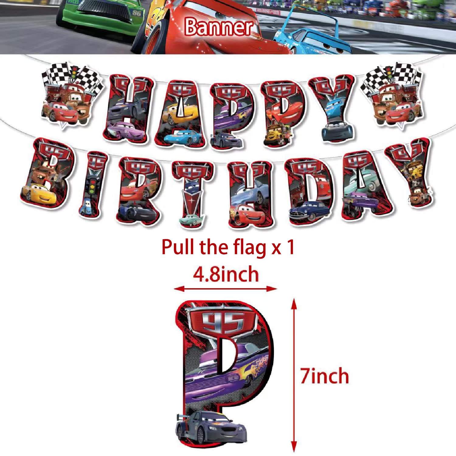 Cars Birthday Decorations Include Swirls Of Hanging Cartoon Cars And Happy Birthday Baby Banners, As Well As Party Favors For Children.