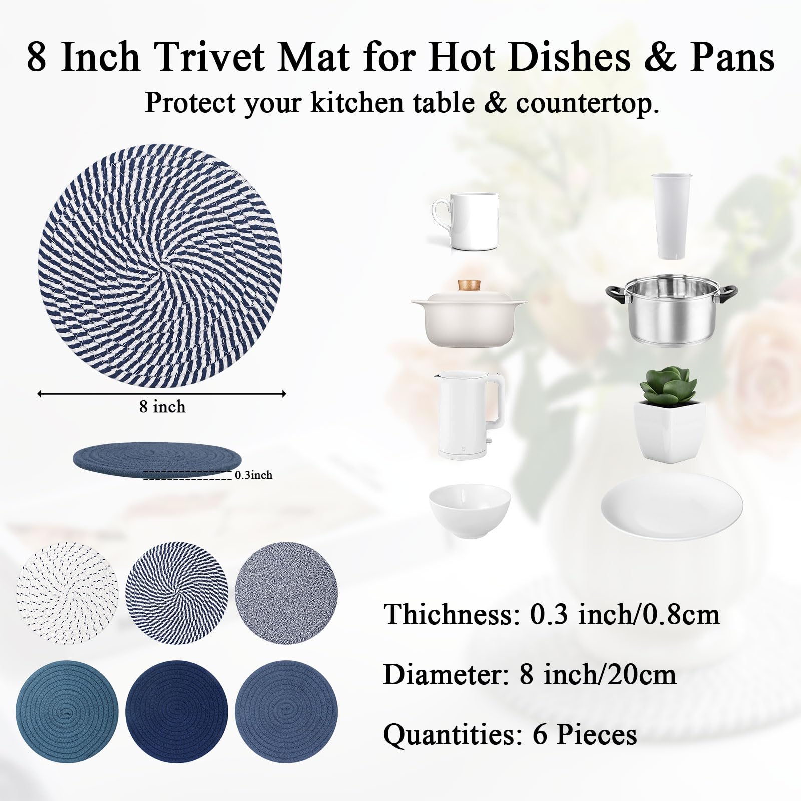 SHACOS Trivets for Hot Dishes, 6 Pieces 8 Inches Cotton Trivets Mats for Kitchen, Hot Pads for Countertops and Table, Heat-Resistant Pot Holders for Hot Pots and Pans, 6pcs