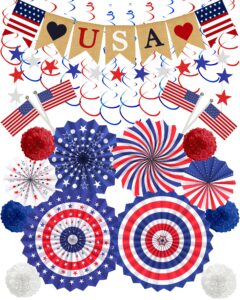 lutoys 30 pcs patriotic decorations for veterans day, 4th of july decor love usa banner american flag, red white blue paper fans pompoms labor memorial day decor for indoor outdoor outside