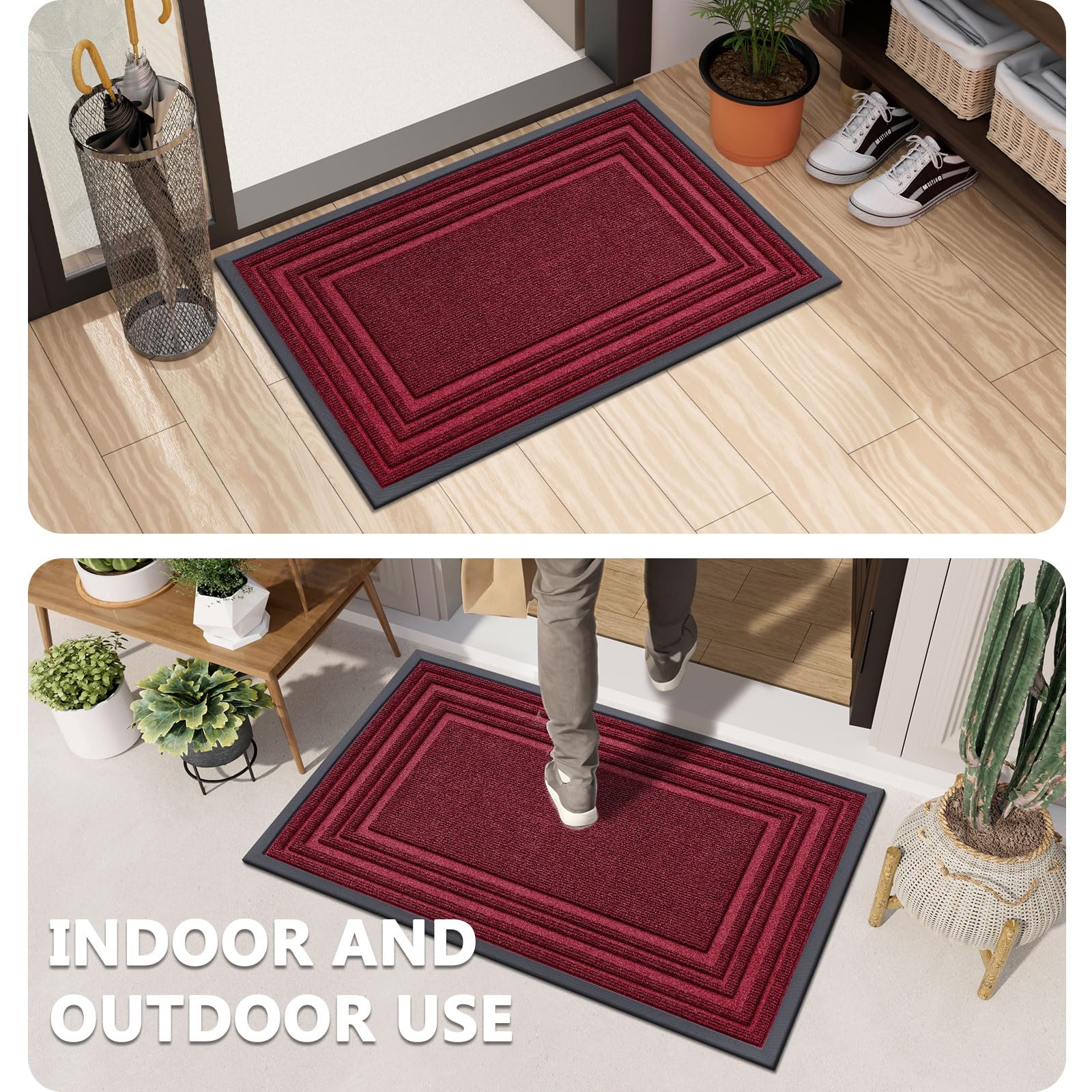 Buganda Floor Door Mat, Heavy Duty Doormat Outdoor Indoor, Natural Rubber Mat, Non Slip, Low Profile Outdoor Mat for Home Entrance, Garage, Patio Porch Farmhouse, 36x24, Wine Red