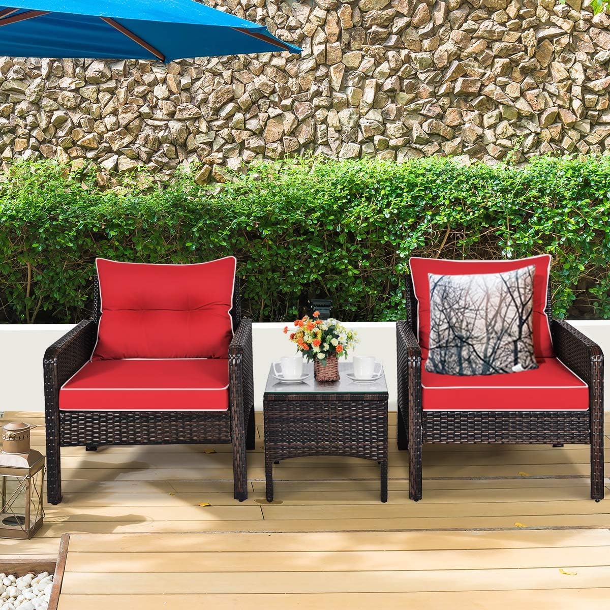 LDAILY Patio Furniture Set, 3 Pieces Outdoor Rattan Patio Chairs with Comfortable Cushion & Glass Tabletop, Outdoor Furniture Wicker Conversation Set for Porch, Balcony, Garden, Poolside (Red)