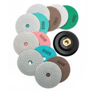 13 packs 4 inch diamond polishing pads with backer pad, coitek wet/dry polish pad kit for drill grinder polisher 50-8000 grit pads for granite marble concrete polishing