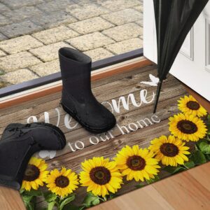 Front Door Mat Indoor Outdoor Entrance, Welcome Sunflower on a Wooden Board Non-Slip Doormat Fade Resistant, Low Profile, Easy Clean Patio Porch Entryway Mat 36x24 inches