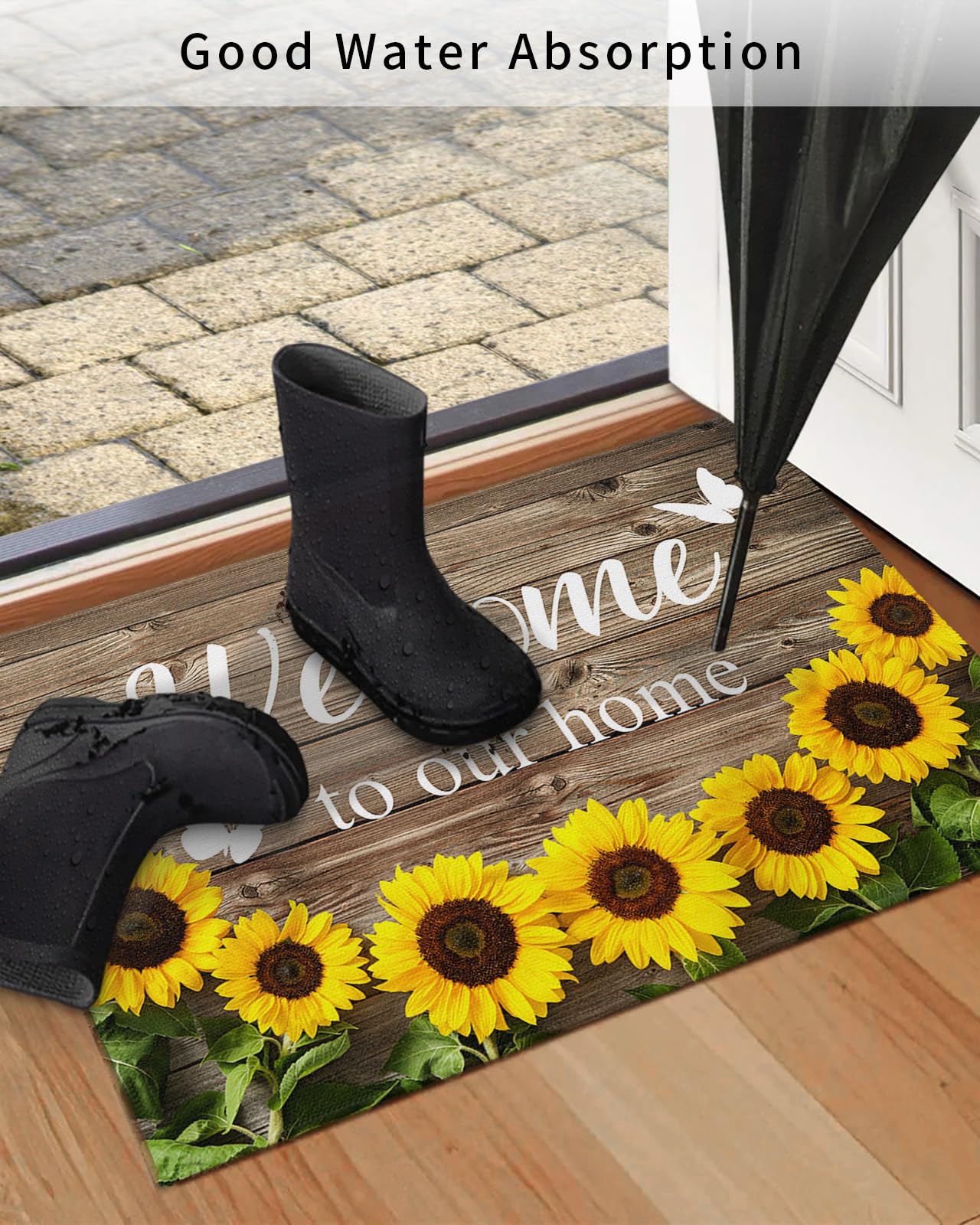 Front Door Mat Indoor Outdoor Entrance, Welcome Sunflower on a Wooden Board Non-Slip Doormat Fade Resistant, Low Profile, Easy Clean Patio Porch Entryway Mat 36x24 inches