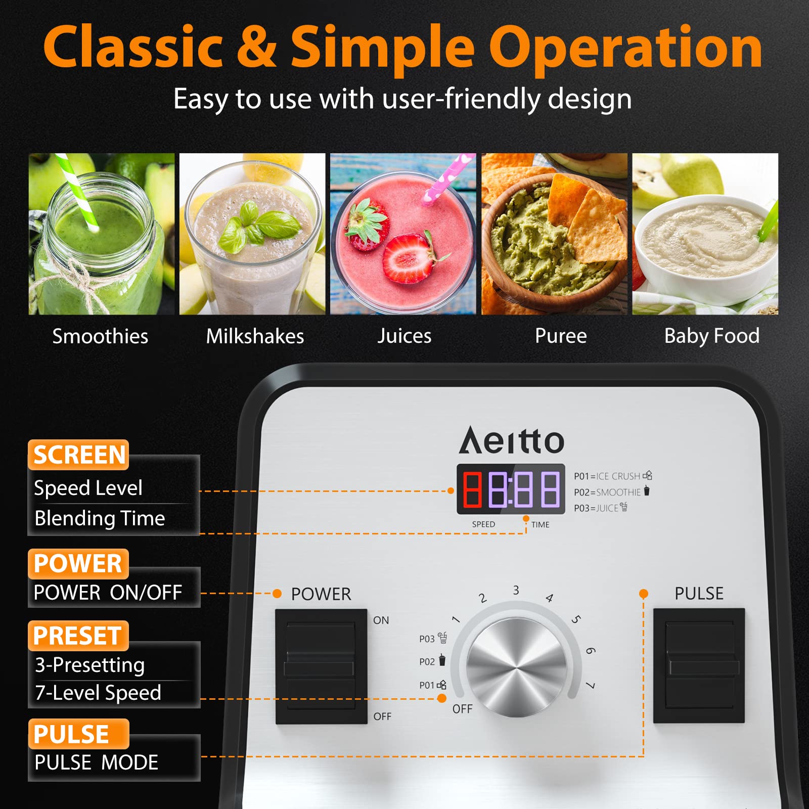 Aeitto Blender, Blenders for Kitchen with 1500-Watt Motor, 68 Oz Large Capacity, Professional Countertop Blenders for Ice Crush, Frozen Drinks, Silver