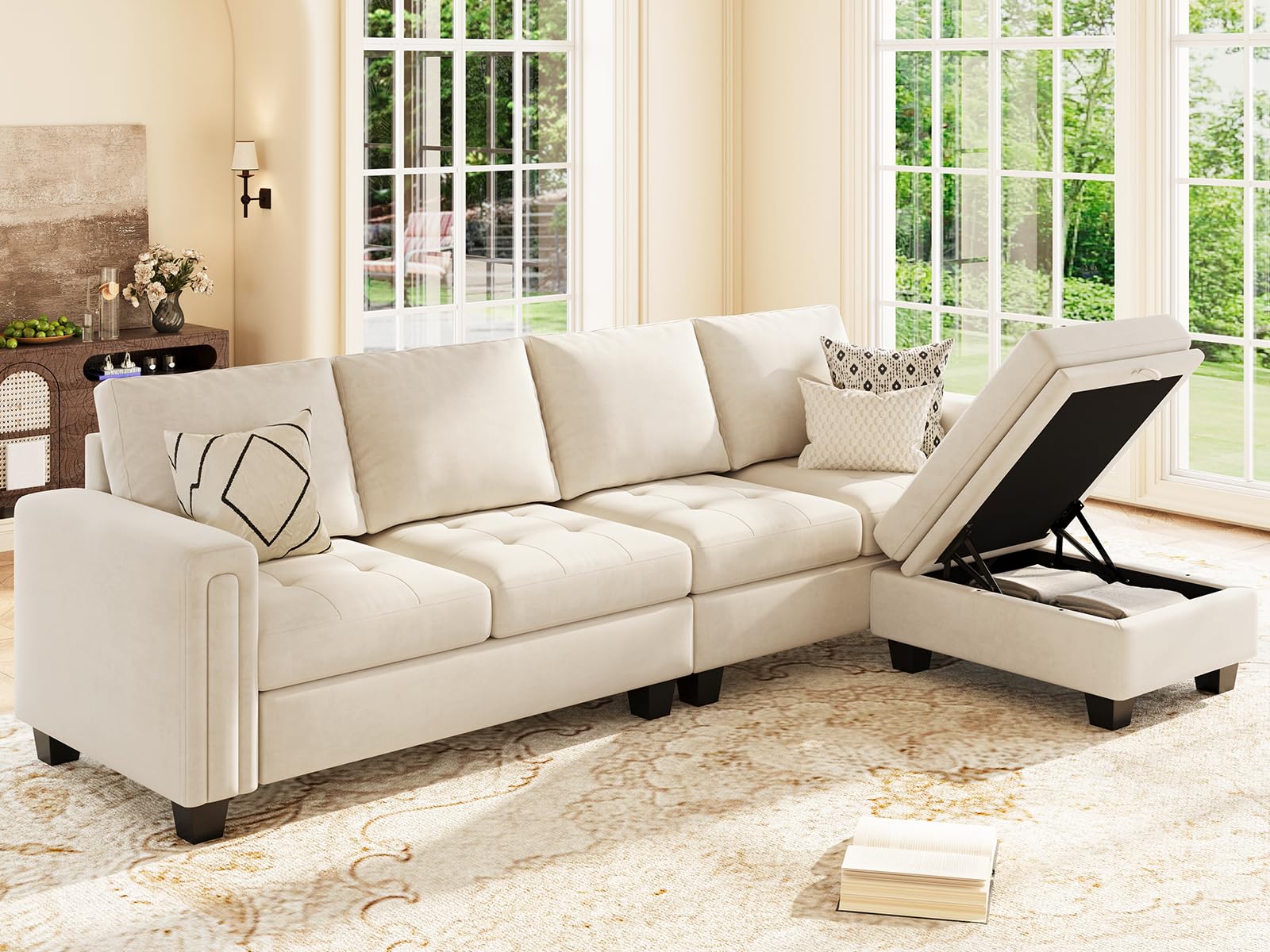 Belffin Velvet Reversible Sectional Sofa with Chasie Convertible L Shaped 4-seat Sectional Couch with Storage Ottoman Beige