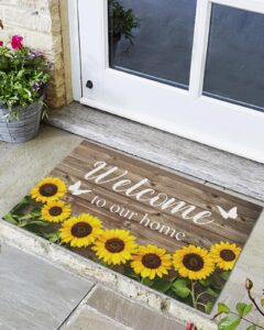 front door mat indoor outdoor entrance, welcome sunflower on a wooden board non-slip doormat fade resistant, low profile, easy clean patio porch entryway mat 36x24 inches