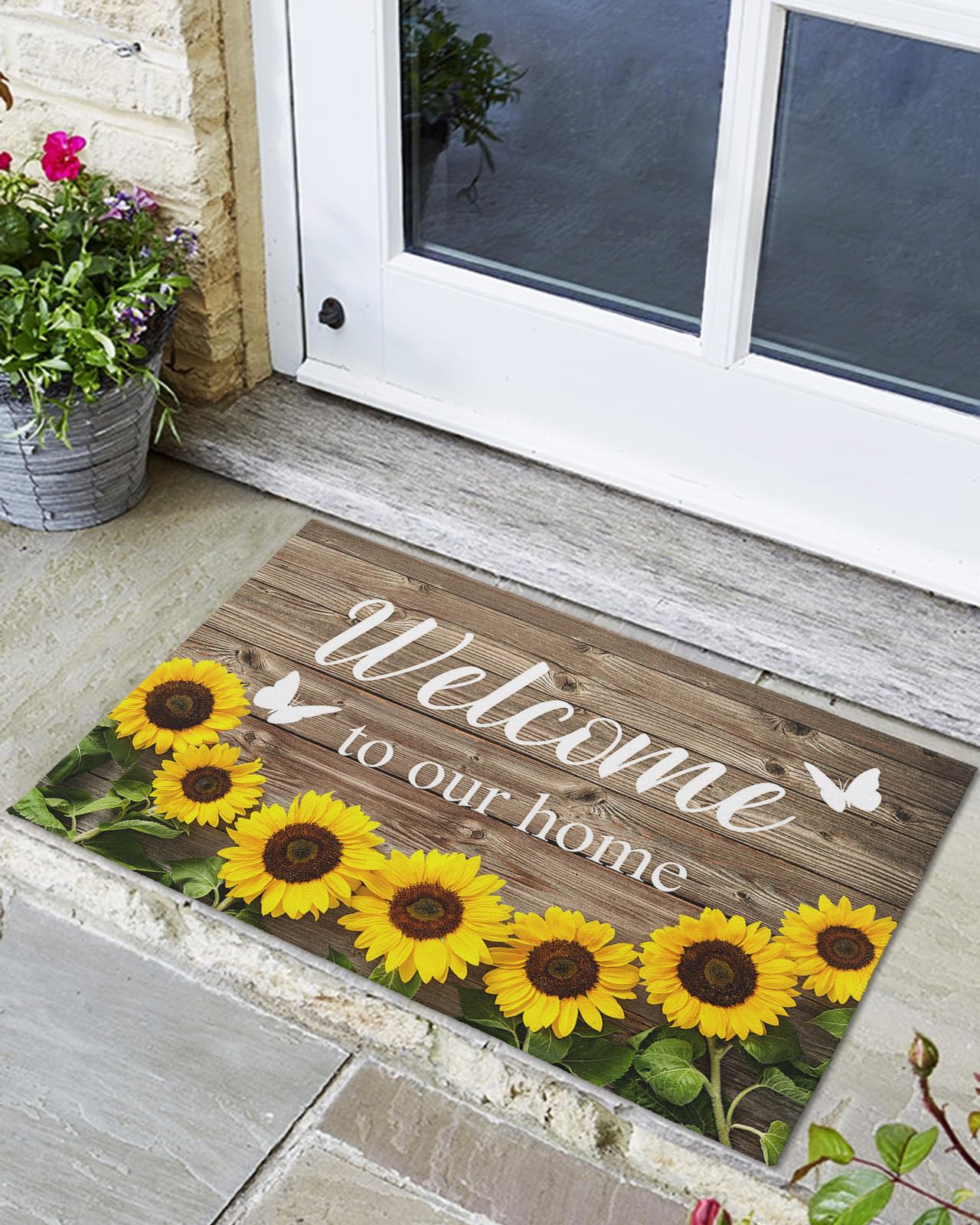 Front Door Mat Indoor Outdoor Entrance, Welcome Sunflower on a Wooden Board Non-Slip Doormat Fade Resistant, Low Profile, Easy Clean Patio Porch Entryway Mat 36x24 inches