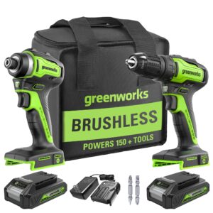 greenworks 24v brushless cordless drill and impact driver,power tool combo kit included 1/2”drill & 1/4”hex impact driver and (2) batteries, fast charger, 2 pcs drill bit set & bag