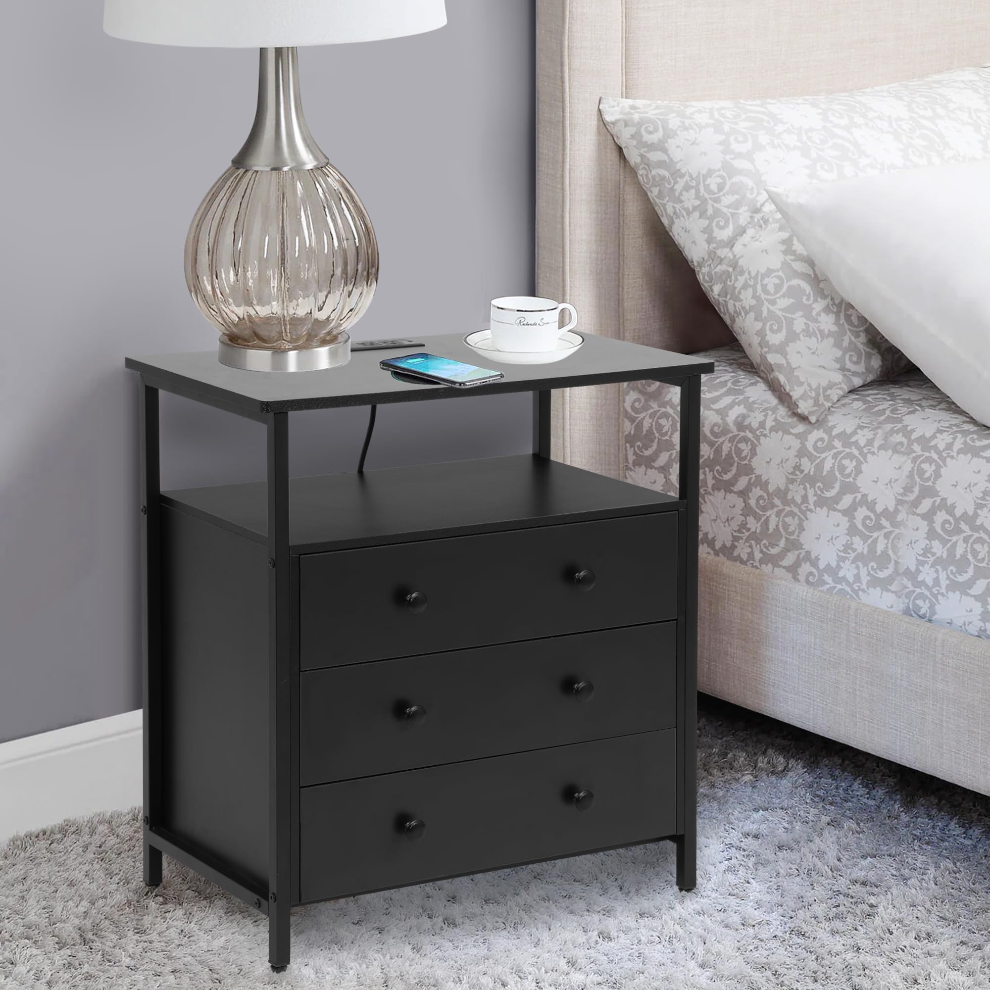 Edbuosy 3 Wooden Drawers Night Stand, 27 Inch Wide Nightstand with Charging Station and Adjustable Drawers, Bedside Table for Living Room/Bedroom/Office, Black.