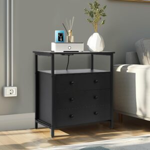 Edbuosy 3 Wooden Drawers Night Stand, 27 Inch Wide Nightstand with Charging Station and Adjustable Drawers, Bedside Table for Living Room/Bedroom/Office, Black.