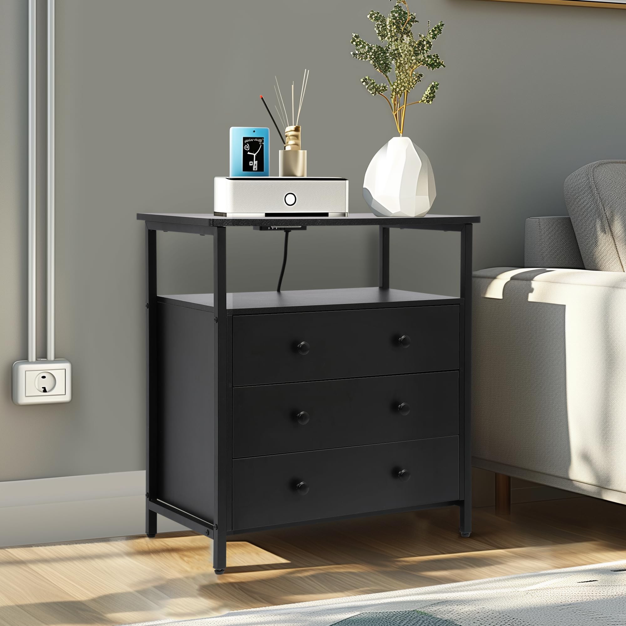 Edbuosy 3 Wooden Drawers Night Stand, 27 Inch Wide Nightstand with Charging Station and Adjustable Drawers, Bedside Table for Living Room/Bedroom/Office, Black.