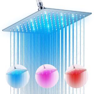 rain shower head, high pressure 10'' led shower head, anti-clogging fixed rainfall shower head with temperature controlled color changing, 360°adjustable brass ball joint, square, chrome