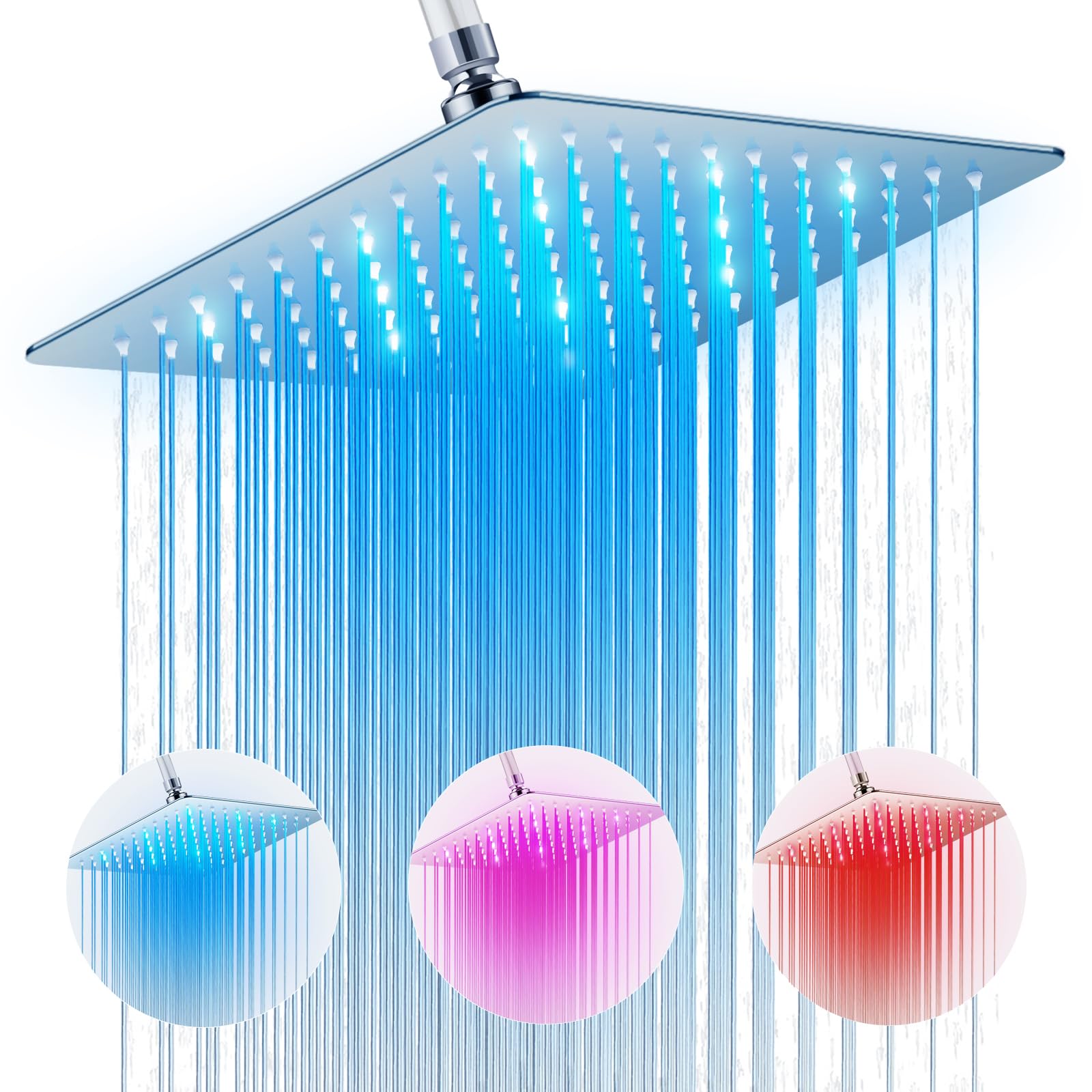 Rain Shower Head, High Pressure 10'' LED Shower Head, Anti-Clogging Fixed Rainfall Shower Head with Temperature Controlled Color Changing, 360°Adjustable Brass Ball Joint, Square, Chrome