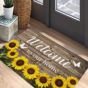 Front Door Mat Indoor Outdoor Entrance, Welcome Sunflower on a Wooden Board Non-Slip Doormat Fade Resistant, Low Profile, Easy Clean Patio Porch Entryway Mat 36x24 inches