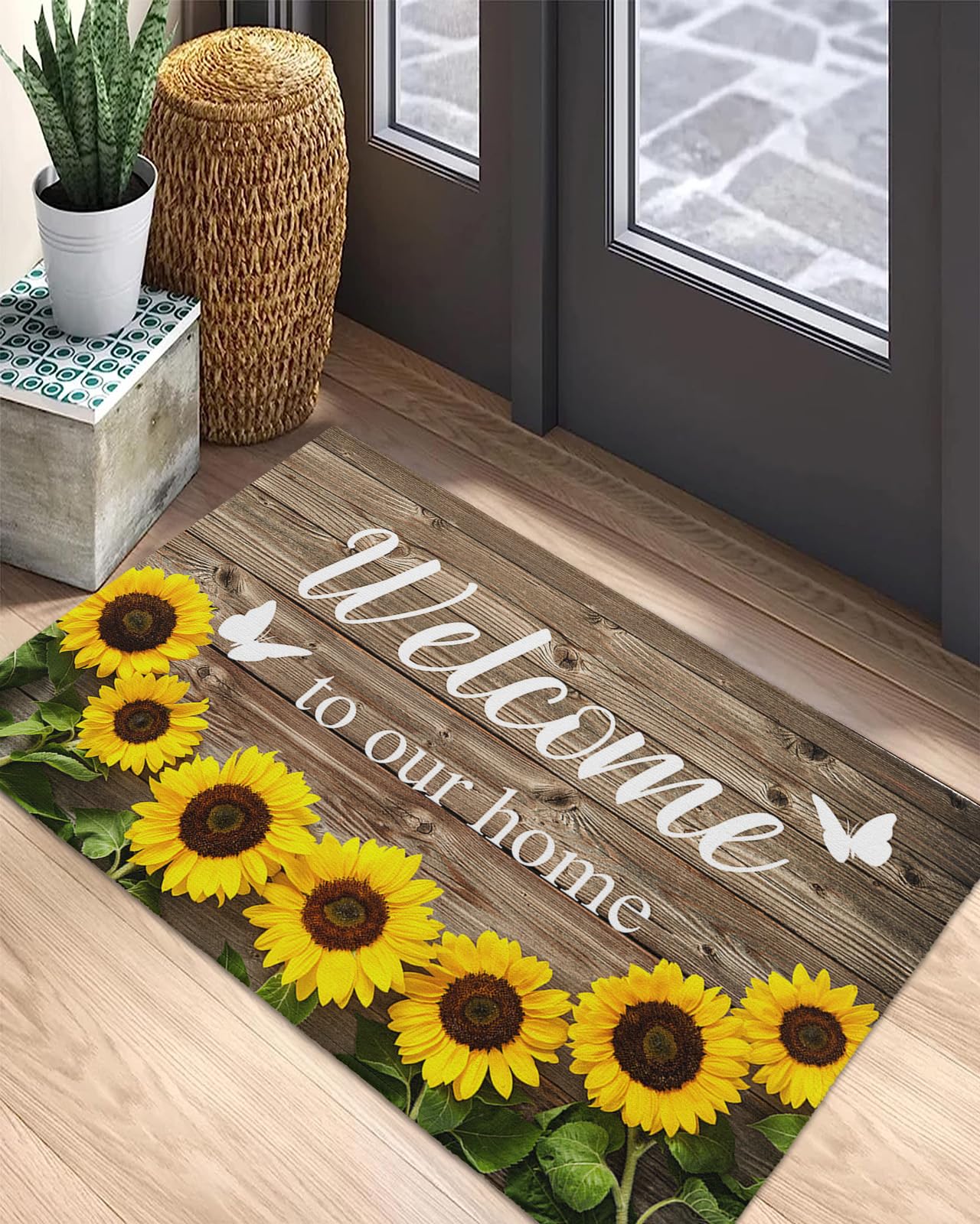 Front Door Mat Indoor Outdoor Entrance, Welcome Sunflower on a Wooden Board Non-Slip Doormat Fade Resistant, Low Profile, Easy Clean Patio Porch Entryway Mat 36x24 inches