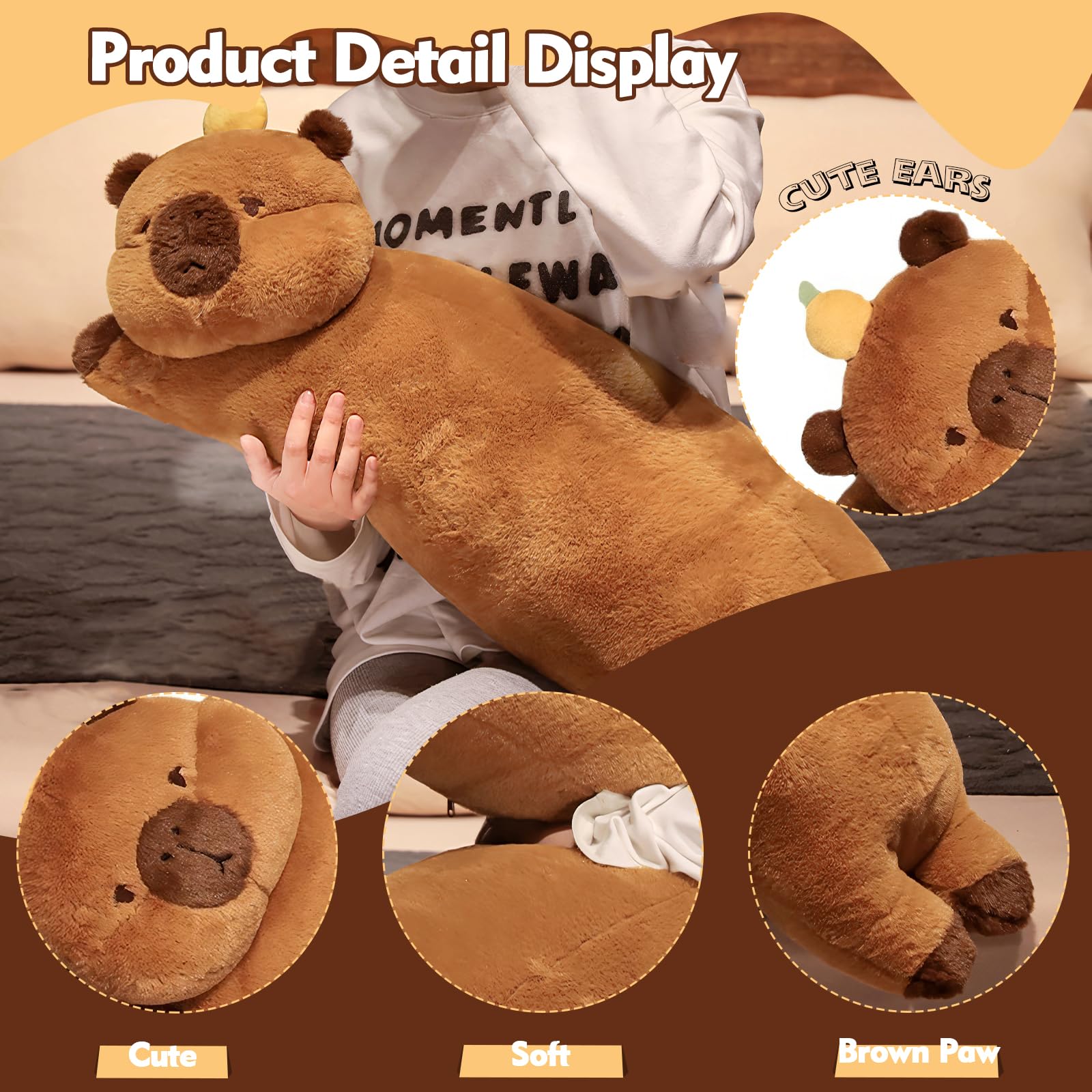 NXNYNZ Long Capybara Plush Pillow, Cute Brown 35.4inches Capybara Stuffed Animals Plushie Sleeping Hugging Body Pillow, Kawaii Capybara Soft Doll Toy with Orange Birthday Gift for Kids Girlfriend